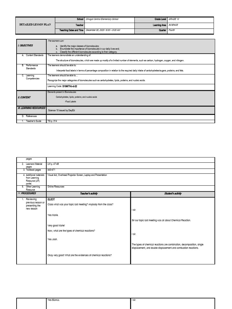 5 Es Lesson Plan BIOMOLECULES FS 12 | PDF | Biomolecules | Foods