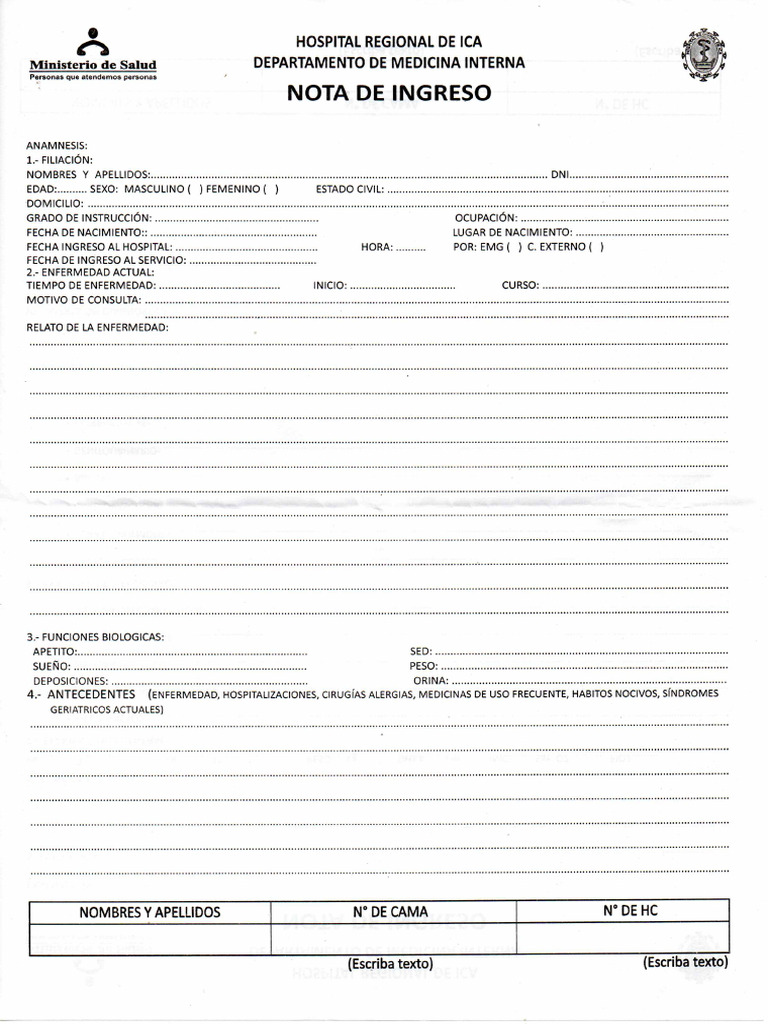 Nota de Ingreso Hospital Regional | PDF