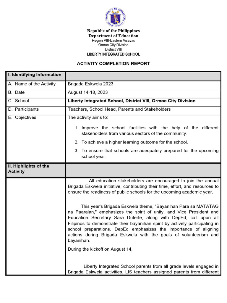 ACR - Brigada Eskwela 2023-2024 | Download Free PDF | Teachers | Learning