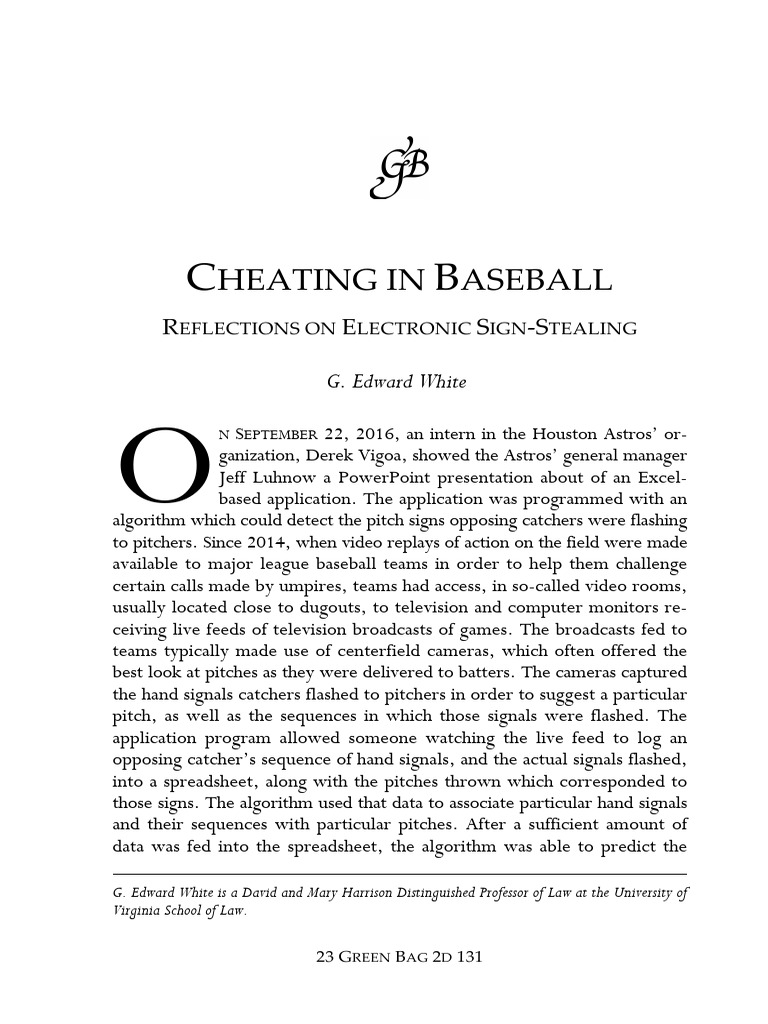 White, Cheating in Baseball | PDF | Pitcher | Baseball Field