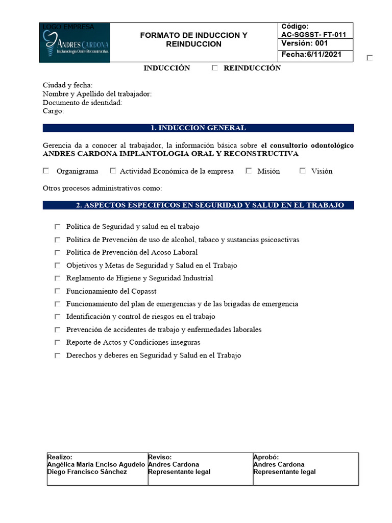 Formato de Induccion y Reinduccion | PDF