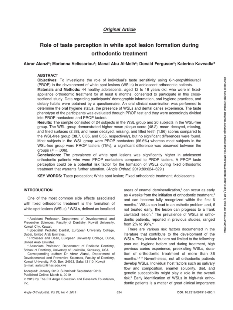 Role of Taste Perception in WSL Formation During Orthodontic Treatment | PDF | Orthodontics ...
