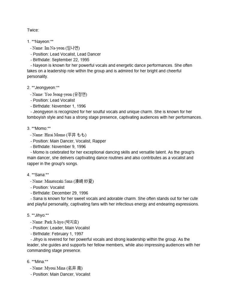 Twice Members Positions | PDF | African American Music | Entertainment