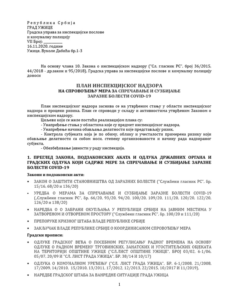 Plan Inspekcijskog Nadzora - COVID 19 | PDF