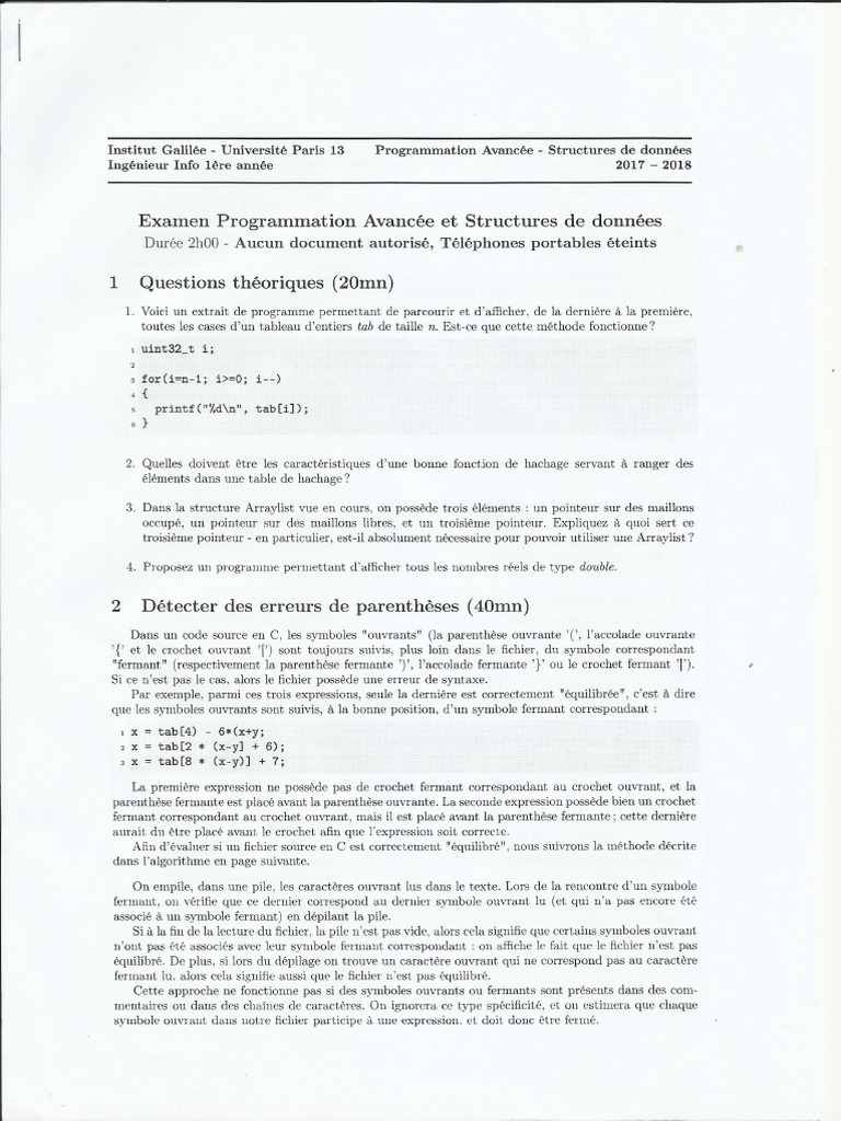 Examen Programmation Avancee Et Structures de Donnees | PDF