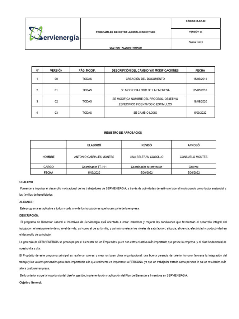 R-GR-05 Programa de Bienestar Laboral e Incentivos | PDF | Business | Gestión de recursos humanos