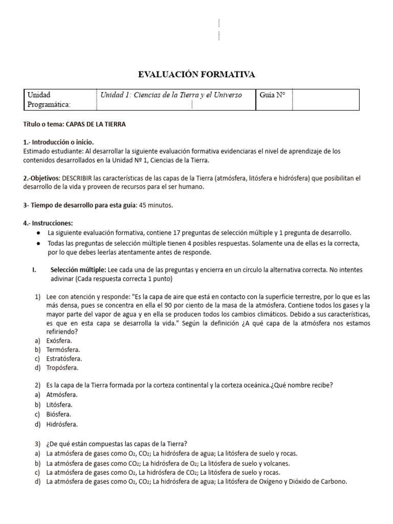 Evaluación sobre las Capas de la Tierra | PDF | Tierra | Dióxido de carbono