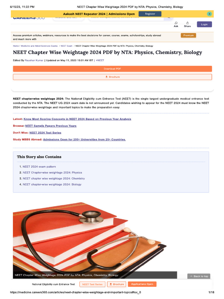 NEET Chapter Wise Weightage 2024 PDF by NTA - Physics, Chemistry ...