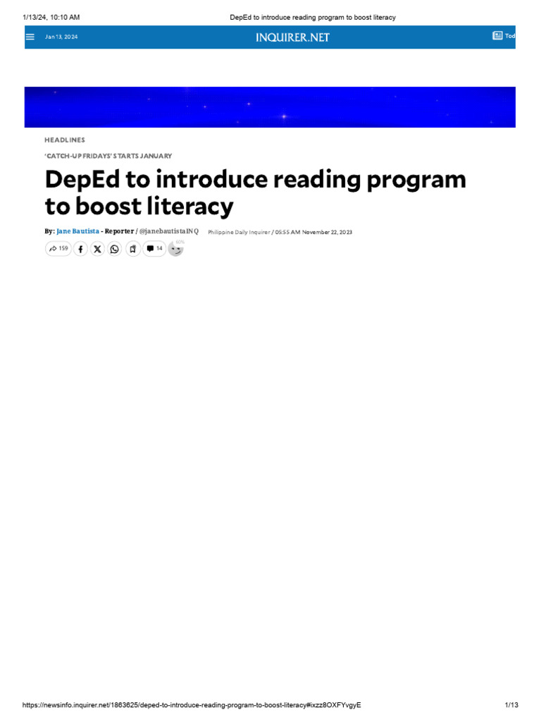 DepEd To Introduce Reading Program To Boost Literacy | Download Free PDF | Philippines ...