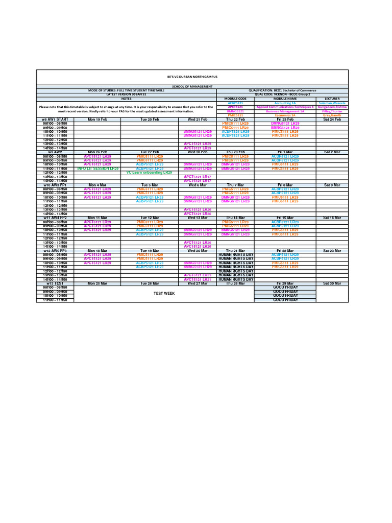 Bachelor of Commerce Timetable 2023 | PDF