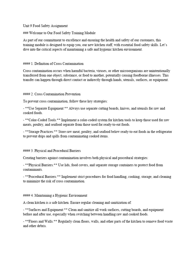 Unit 9 Food Safety Assignment | PDF | Food Safety | Hand Washing