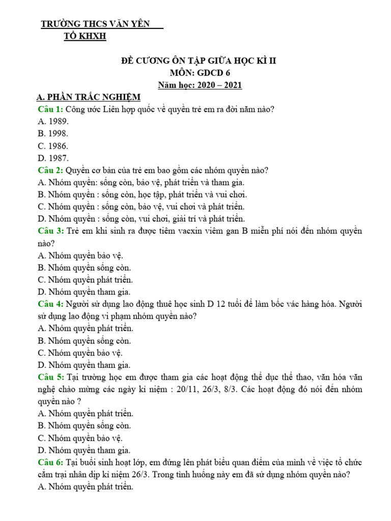 ĐỀ CƯƠNG GDCD 6 giữa kì 2 - có đáp án | PDF