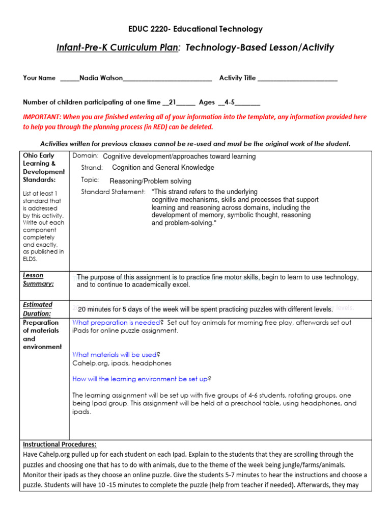 Ed Tech ECDE Activity Plan | PDF | Educational Technology | Learning