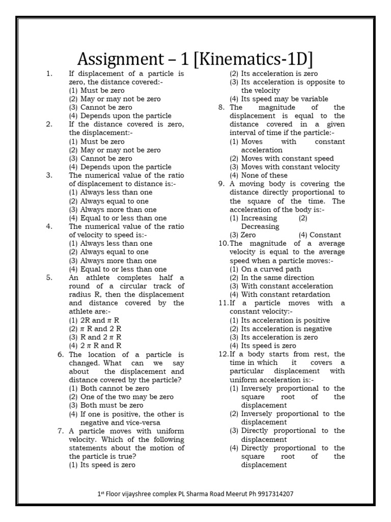 01 Assig. Kinematics-1D | PDF | Acceleration | Velocity