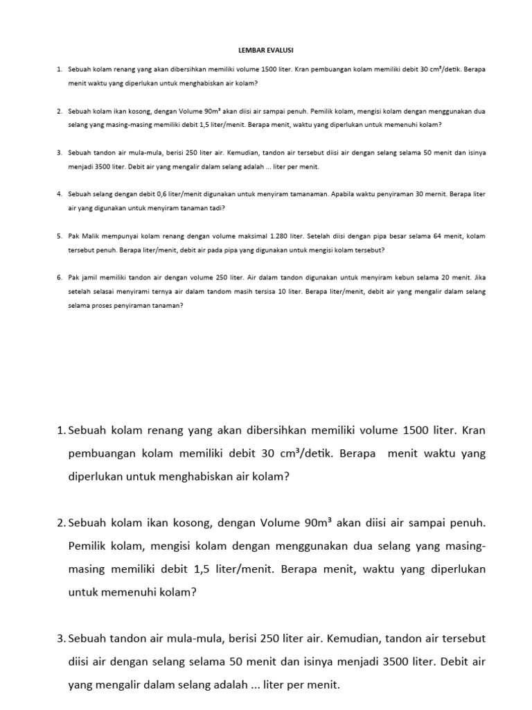Lembar Evalusi - Soal Debit | PDF | Griya & Taman