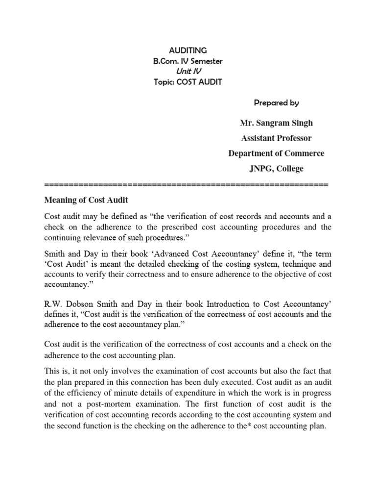 Cost Audit Unit-Iv | PDF | Audit | Financial Audit