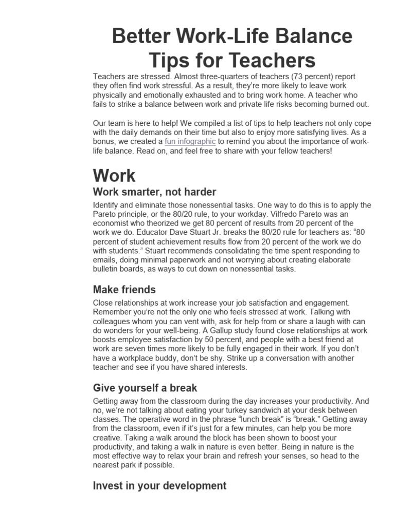 Work-Life Balance Tips for Teachers | PDF | Teachers | Occupational Burnout