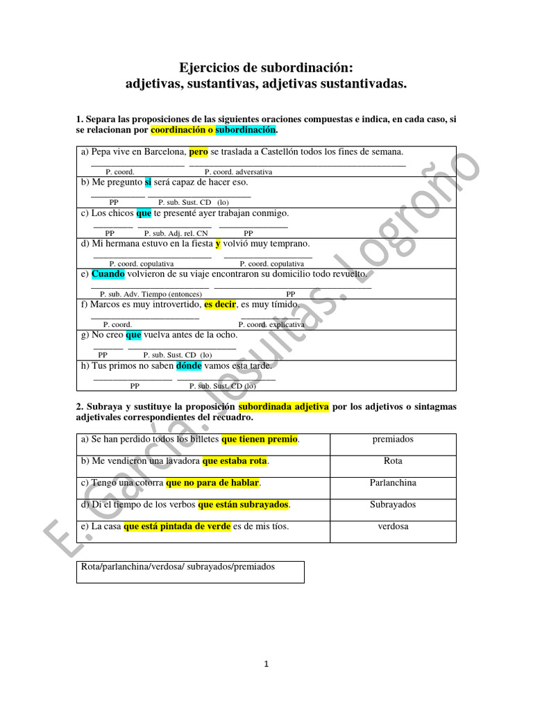 SOL. Ej. Adjetivas, Sustantivas, Adjetivas Sust | PDF | Asunto (gramática) | Relaciones sintácticas