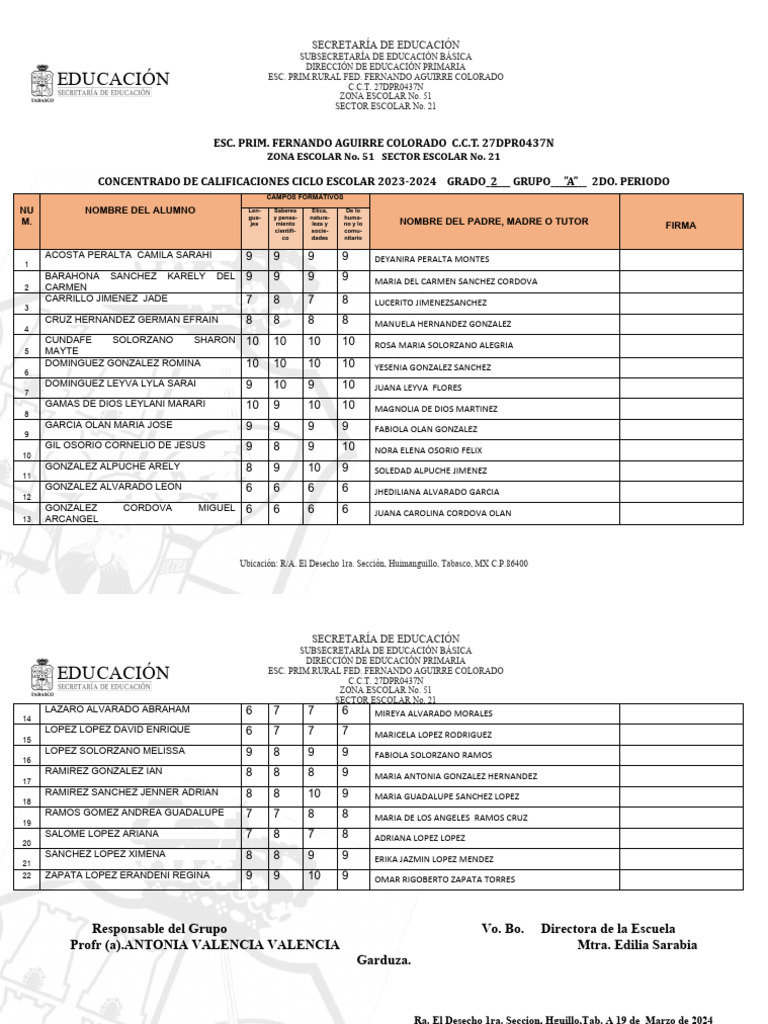 Concentrado de Calificaciones Por Campos Formativos (2) A | PDF | Educación primaria | Etapas ...