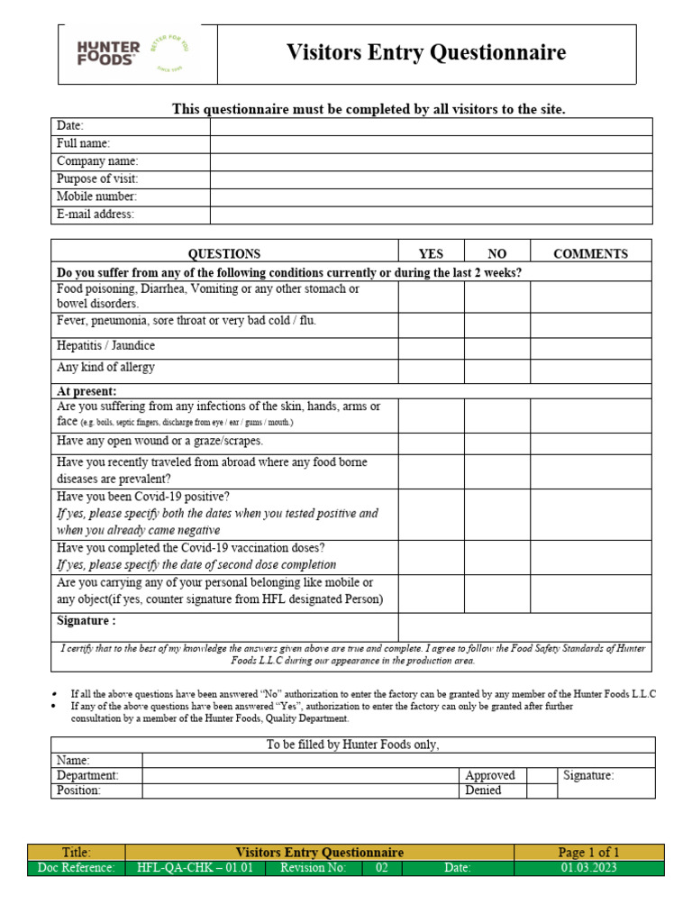 QA-CHK-01.01 Visitor Entry Questionaire | PDF | Medical Specialties ...