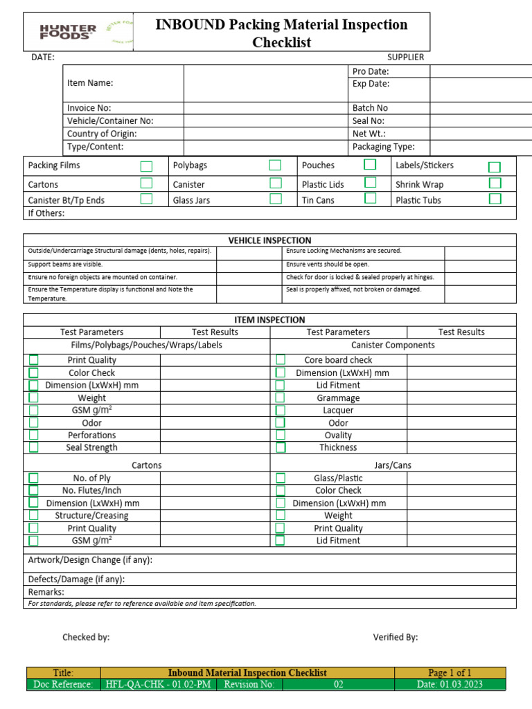 QA-CHK-01.02 Inbound Packing Material Inspection | PDF | Packaging And ...