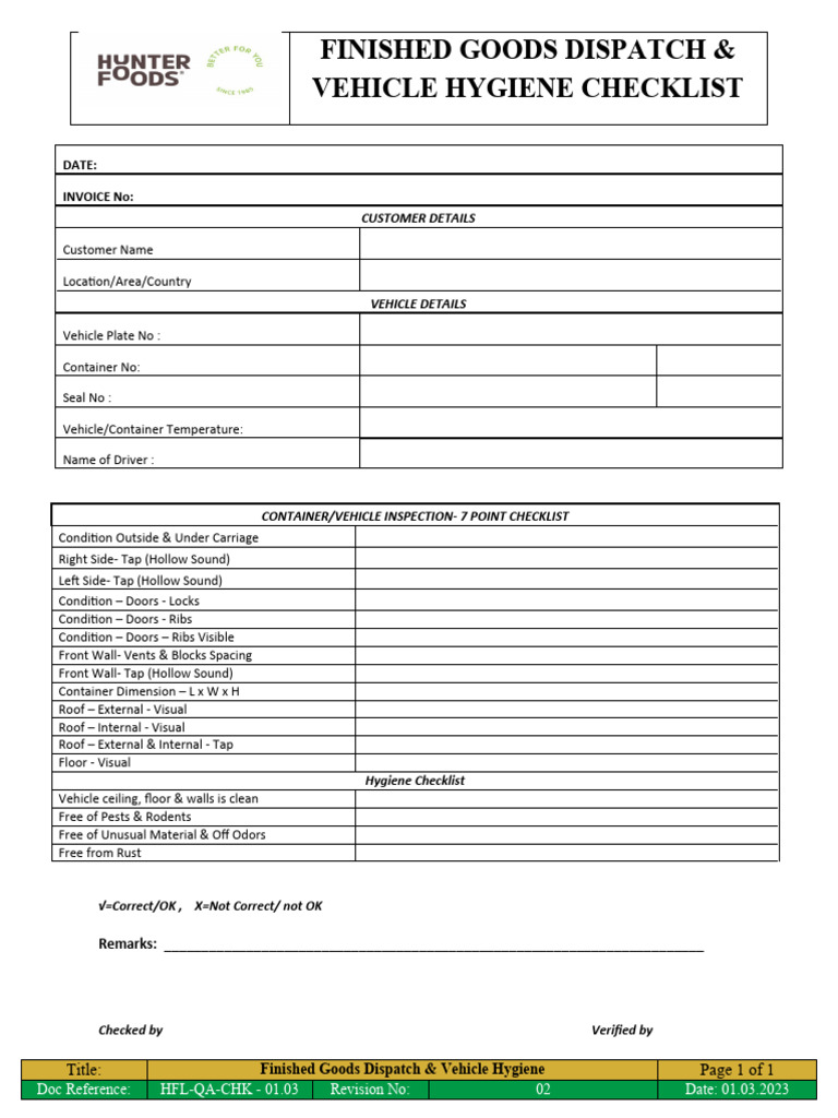 Vehicle Hygiene & Dispatch Checklist | PDF