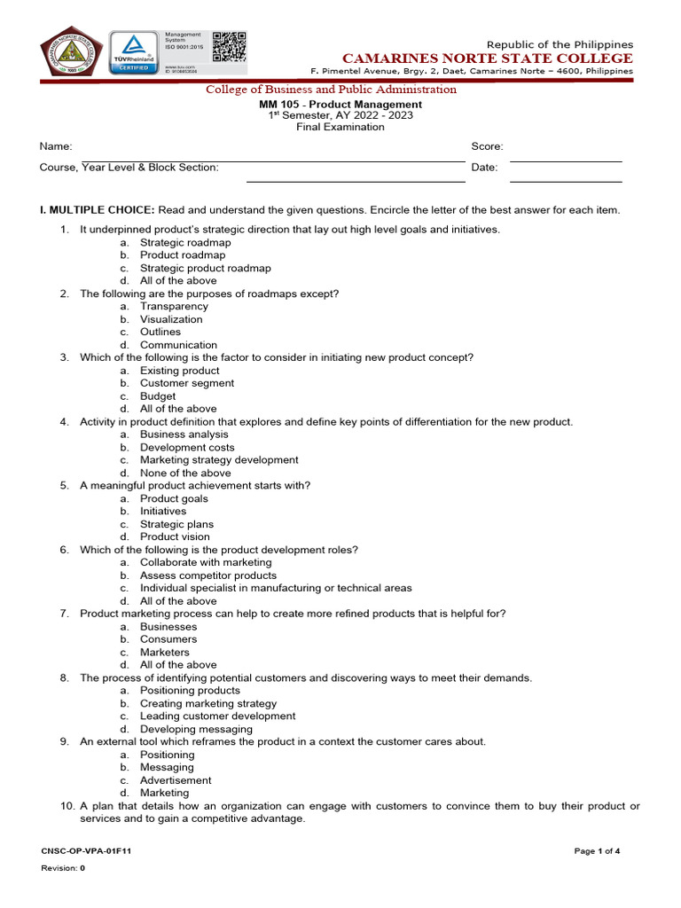 Product Management Final Exam Guide | PDF | Marketing | Concept