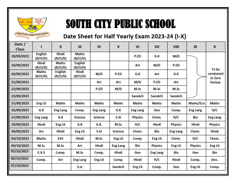 Date Sheet of Half Yearly Exam 2023-24 (I-X) | PDF | Science & Mathematics