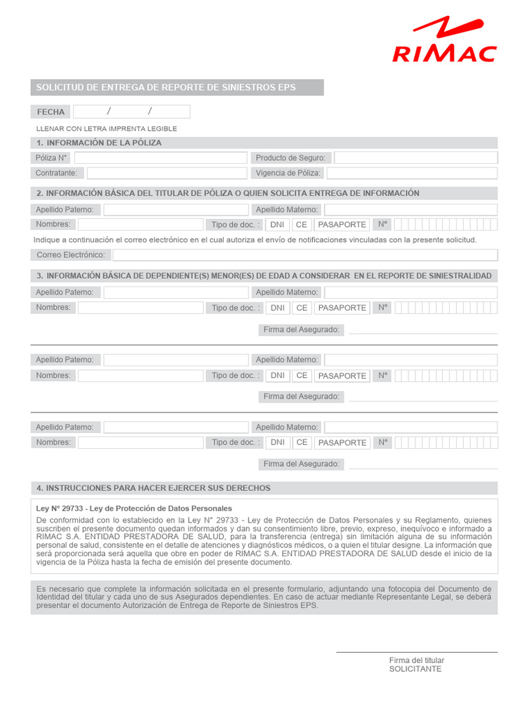 SOLICITUD REPORTE DE SINIESTRO RIMAC | PDF | Póliza de seguros | Documento de identidad