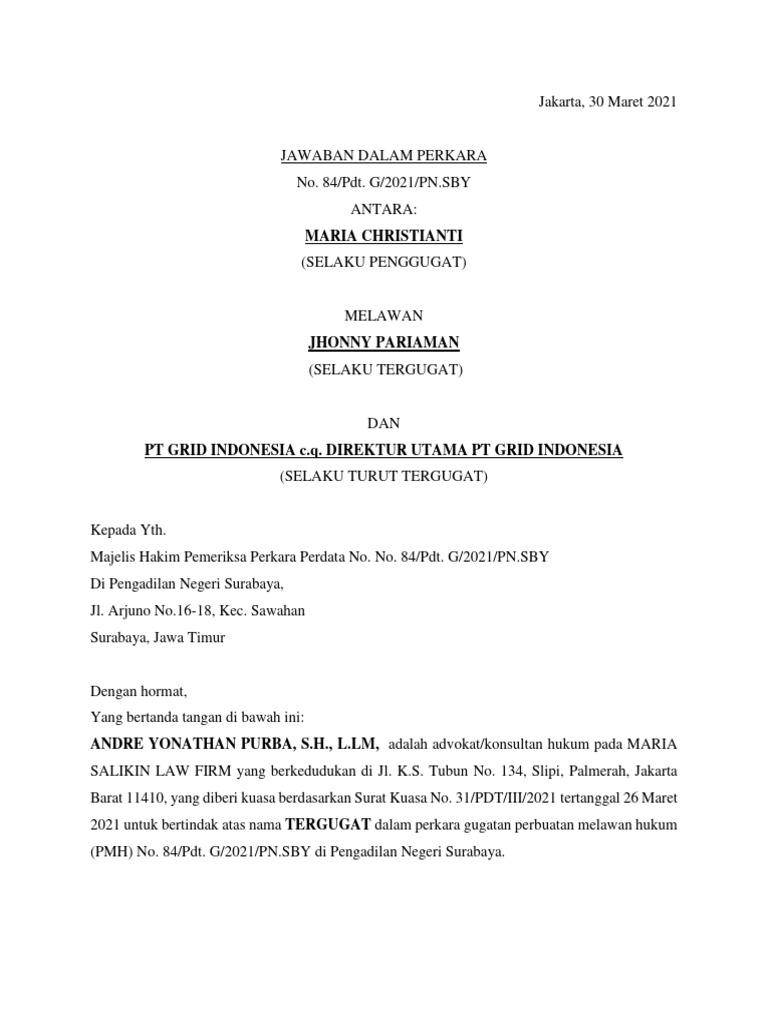 Jawaban Gugatan Perdata PMH No. 84 | PDF