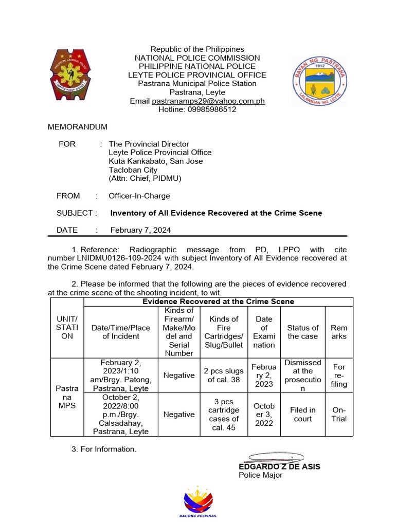 Inventory of All Evidence Recovered at The Crime Scene | PDF | Ammunition | Projectiles
