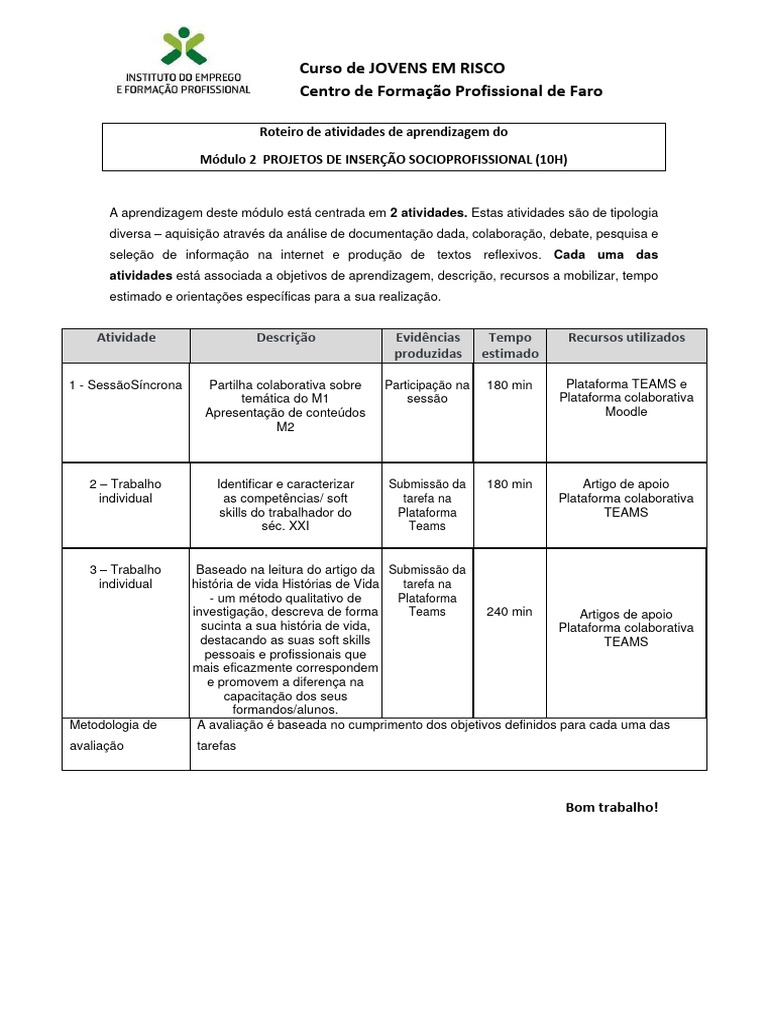 Roteiro de Atividades - Mod 2 JOVENS EM RISCO | PDF | Desenvolvimento profissional | Aprendizado