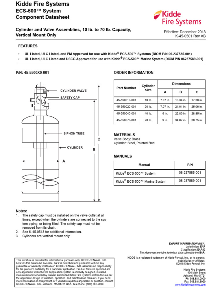 Kidde ECS 500 Psi With FK-5-1-12 Fire Protection Fluid Cylinder and ...