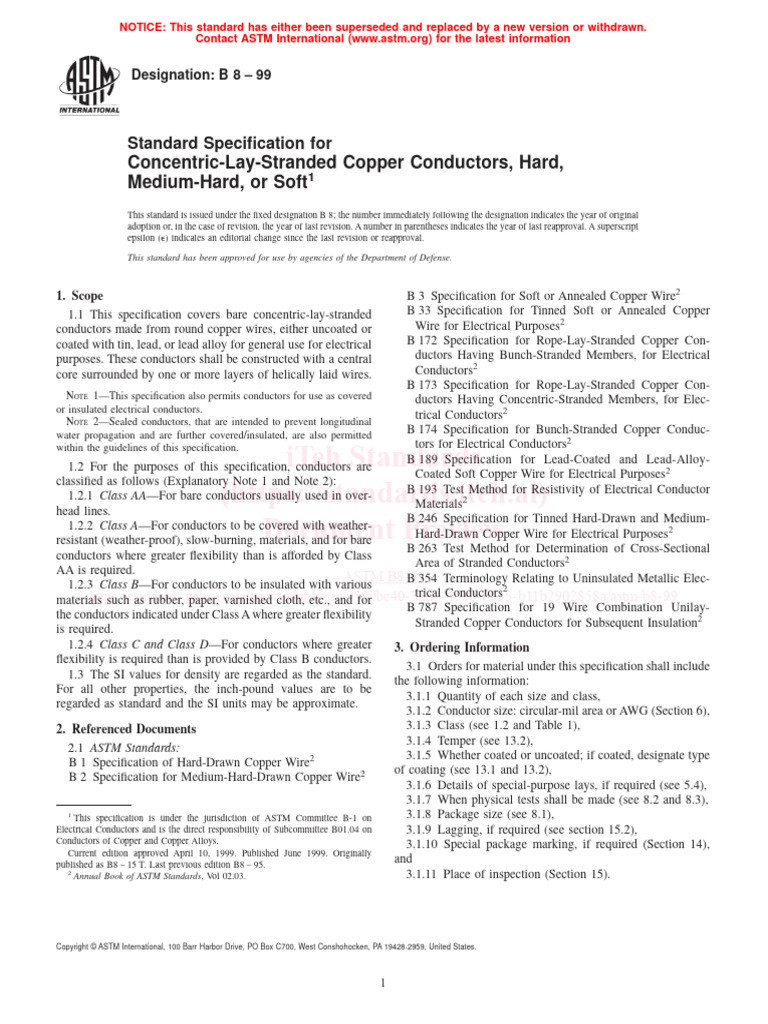 ASTM-B8-99 | PDF | Electrical Conductor | Wire