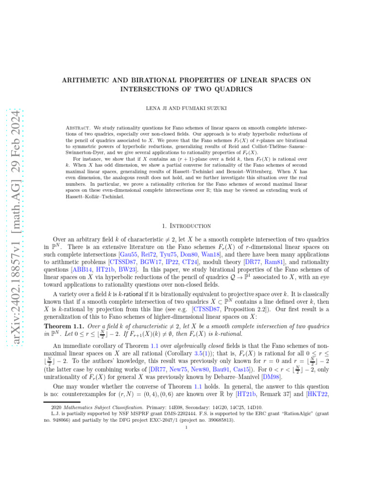 R - Arithmetic and Birational Properties of Linear Spaces On Intersections of Two Quadrics - Ji ...
