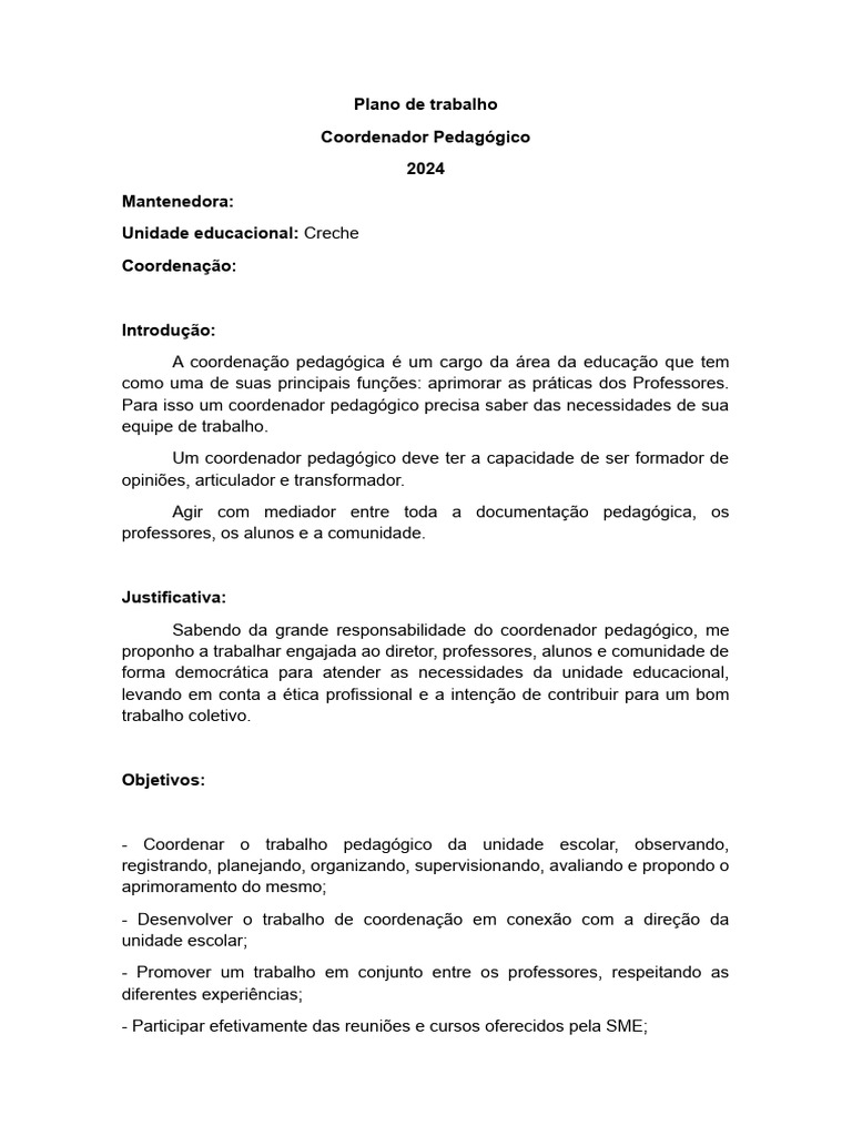 4 Plano de Trabalho Coordenador | PDF
