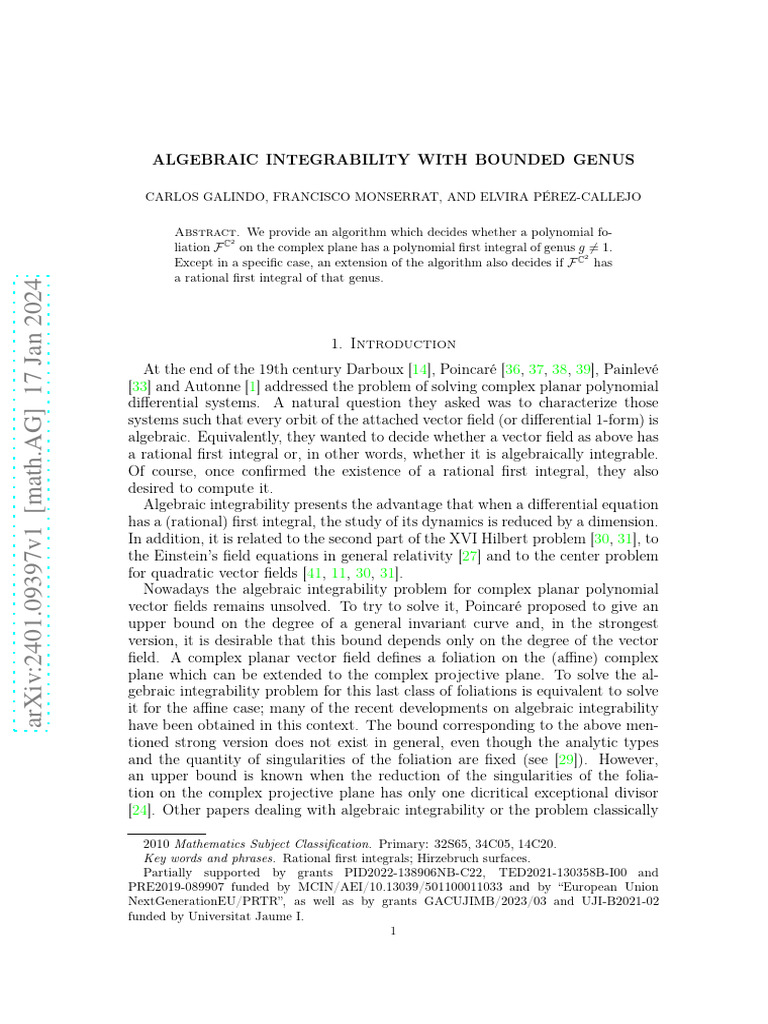 R - Algebraic Integrability With Bounded Genus - Galindo, Monserrat, Perez Callejo | PDF | Field ...