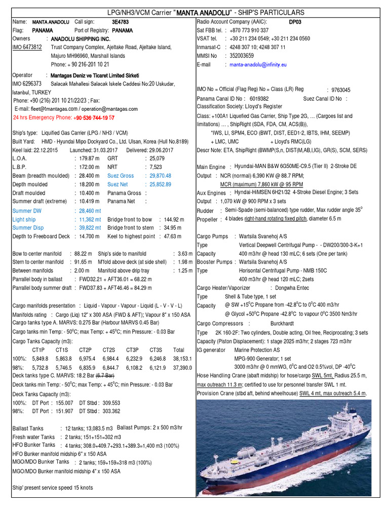 Manta Anadolu Ship Specifications | PDF | Water Transport | Ships