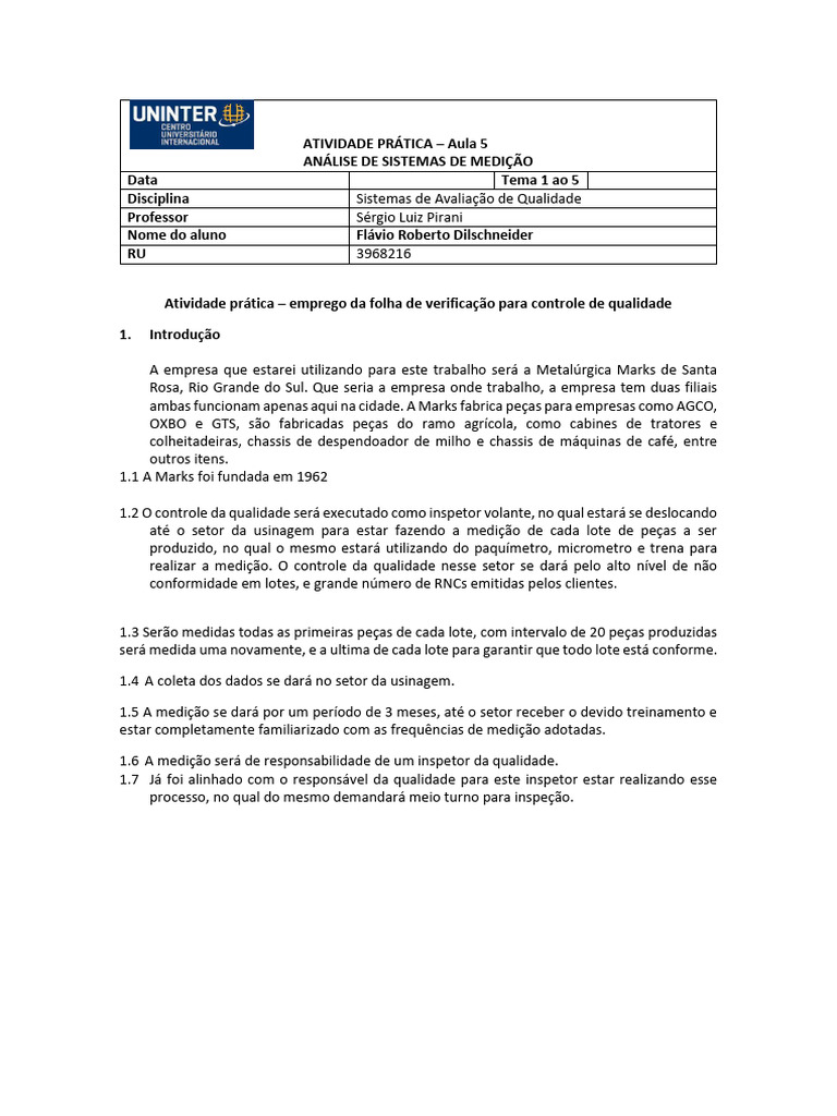 Folha de Verificacao Da Qualidade - Flávio Roberto Dilschneider | PDF Folha de Verificacao Da Qualidade - Flávio Roberto Dilschneider | PDF