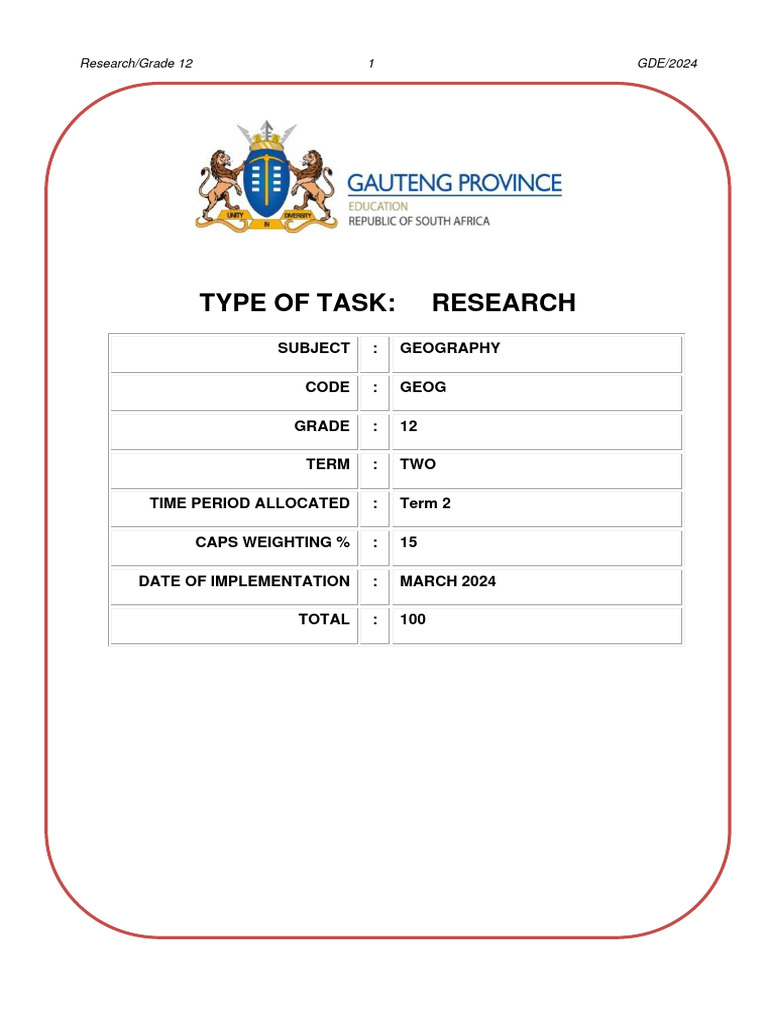 Grade 12 Geography Research Task 2024 | PDF | Geography | Data