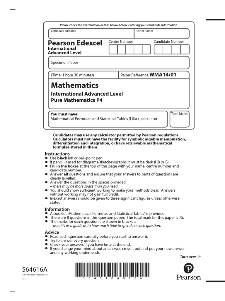 IAL Pure Maths 4 Specimen Paper QP | PDF | Area | Mathematics