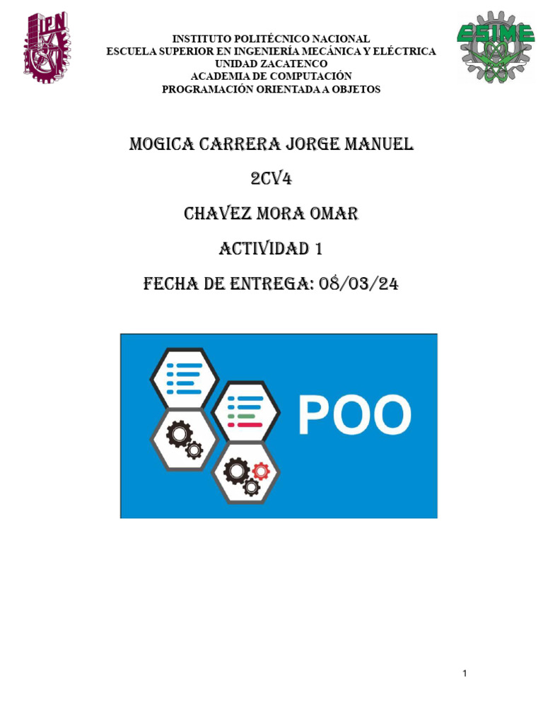 ACT 1 - POO - Mogica Carrera Jorge Manuel | PDF | Objeto (informática ...