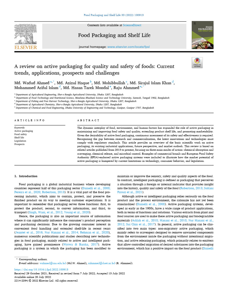 A Review On Active Packaging For Quality and Safety of Fo - 2022 - Food Packagin | PDF ...