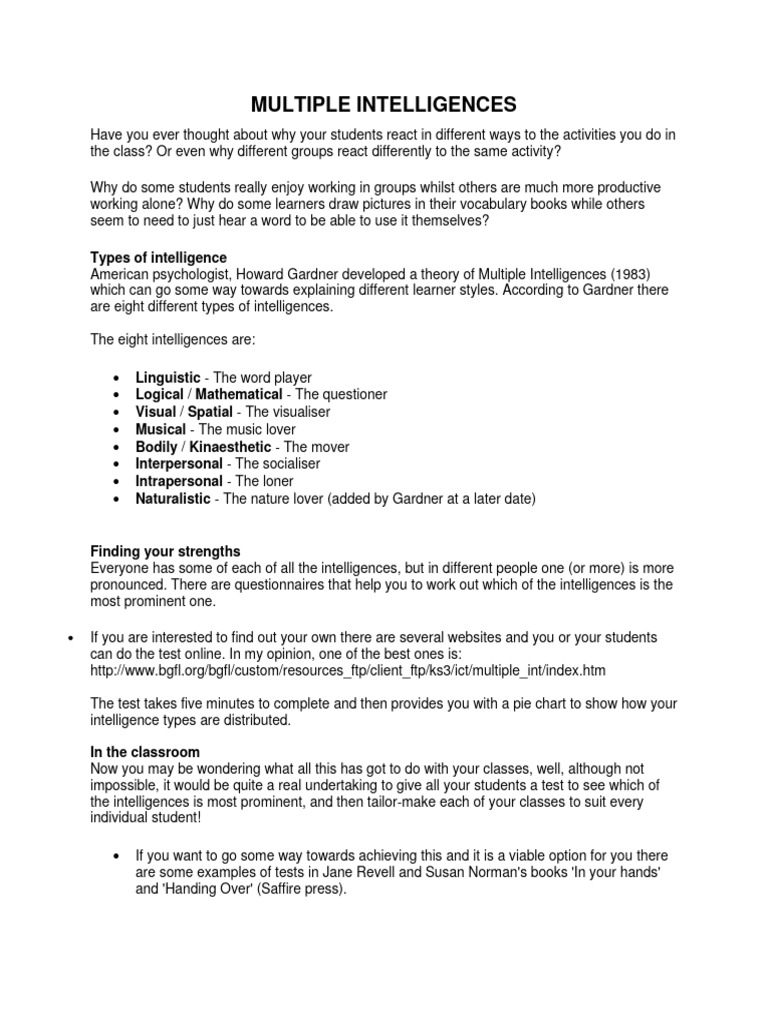 Multiple Intelligences 1 | Download Free PDF | Psychology | Cognitive Science