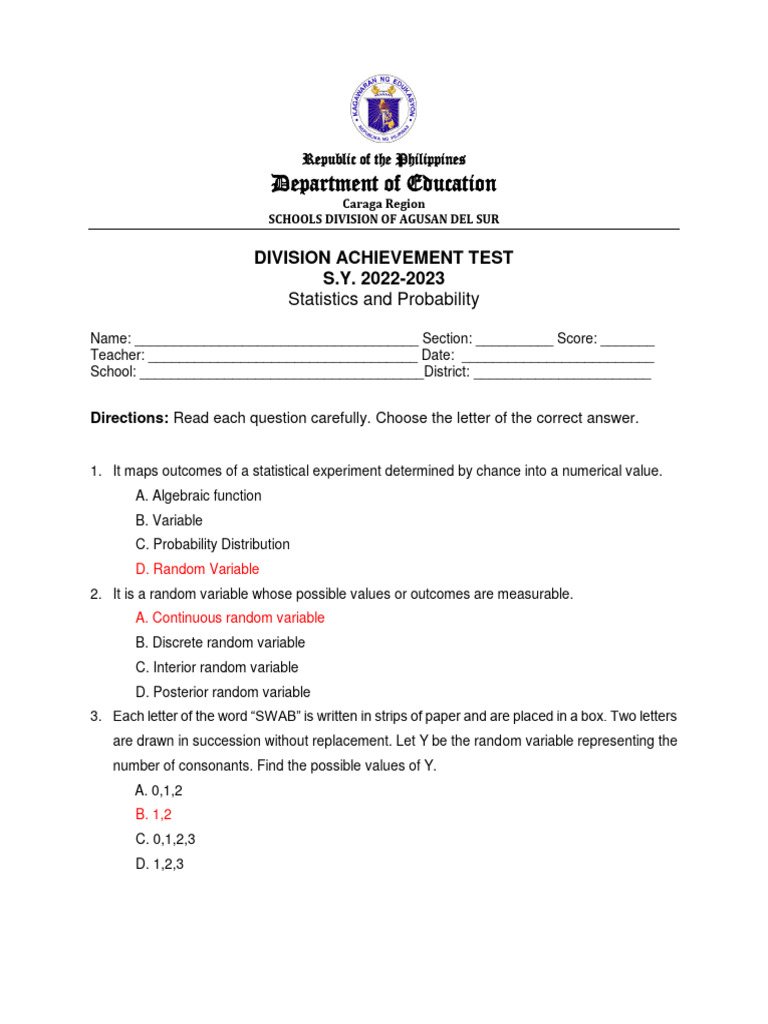 Division Achievement Test in Statistics | PDF | Probability ...