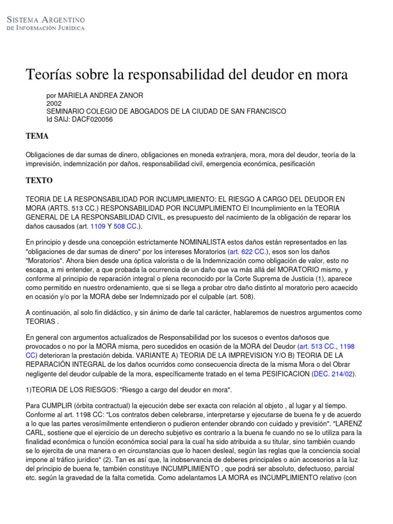 Responsabilidad del Deudor en Mora | PDF | Daños y perjuicios | Pagos