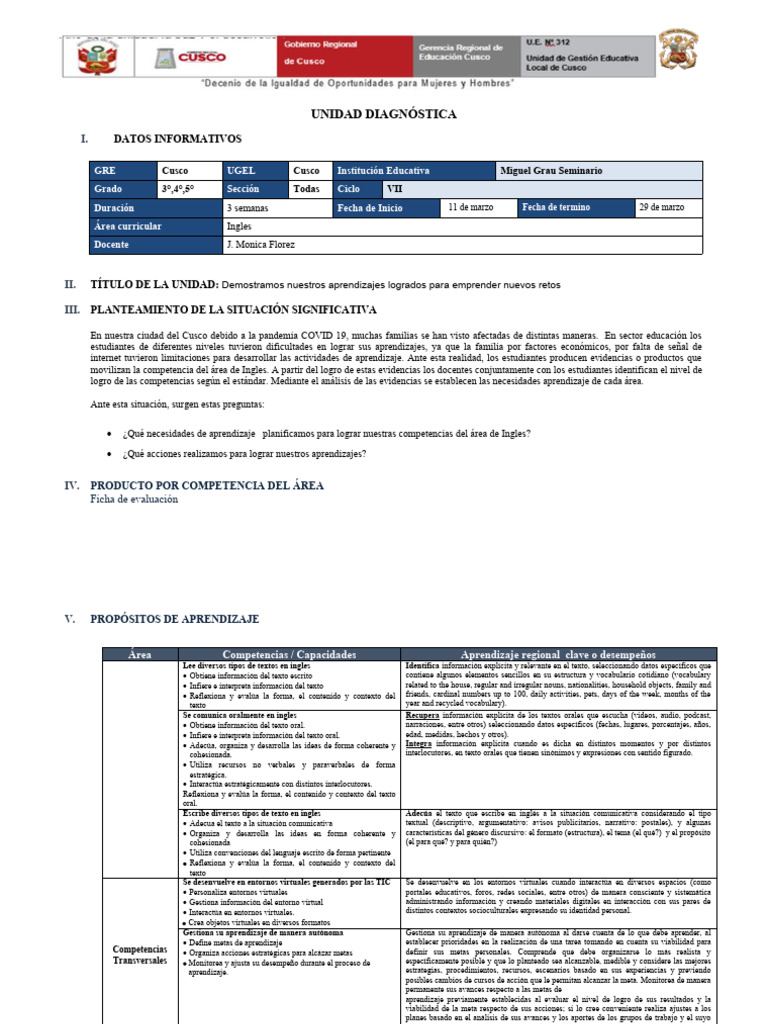 Diagnóstico de Aprendizaje en Inglés | PDF | Aprendizaje | Evaluación