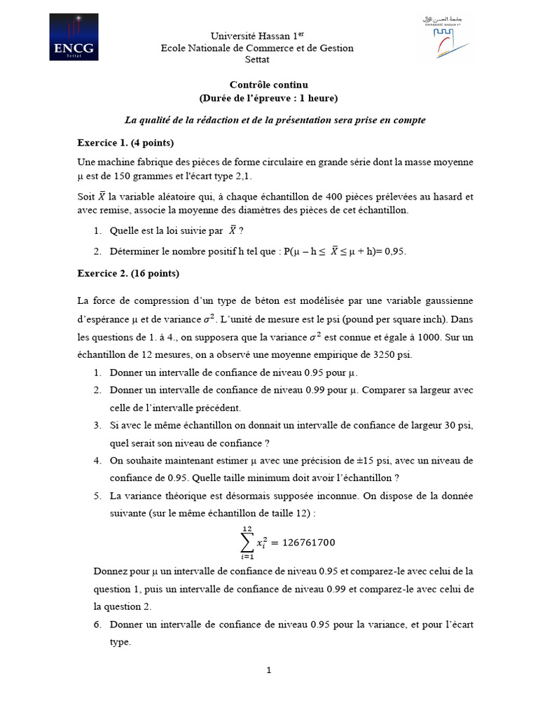 Contrôle continu sur les intervalles de confiance | PDF | Méthodes et ...