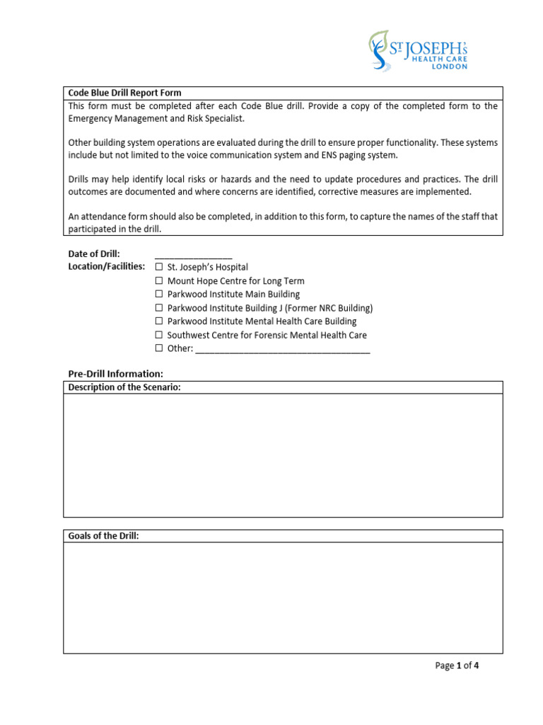 Emergency Management Code Blue Drill Form Pdf Emergency Emergency