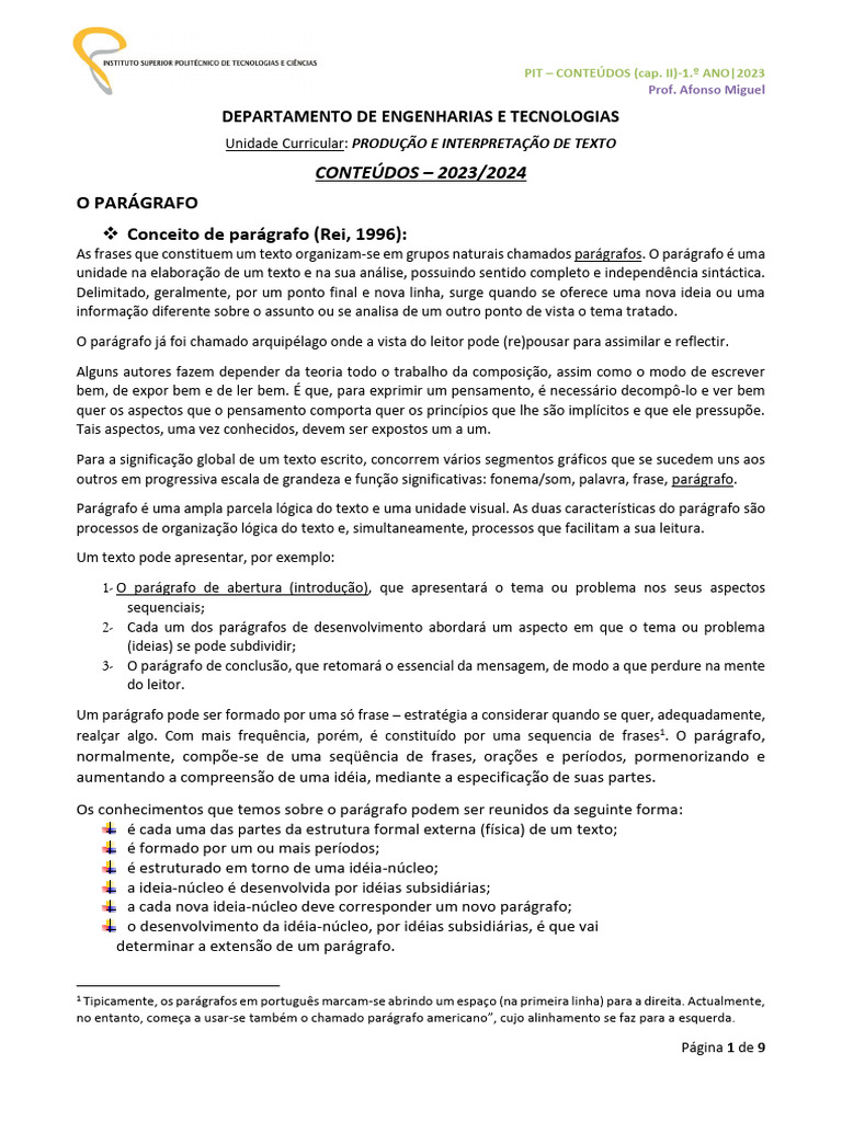 Cap II Estrutura Textual Concepção de Texto Parágrafo Material | PDF ...
